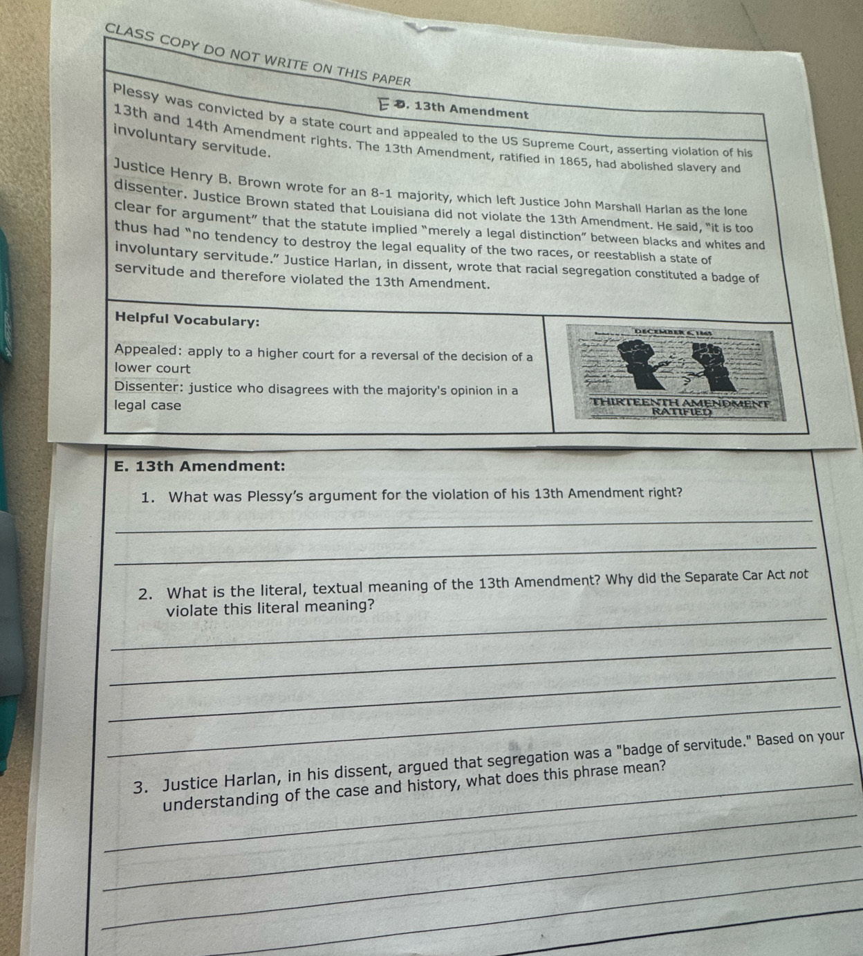 Solved: CLASS COPY DO NOT WRITE ON THIS PAPER D. 13th Amendment Plessy ...