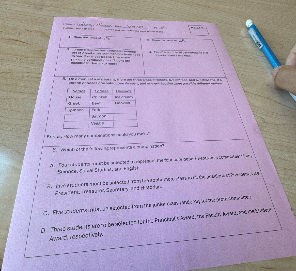 Solved: Name __A2.ST.3: Daté Pd: Summative - Algebra 2 Statistics 3 ...