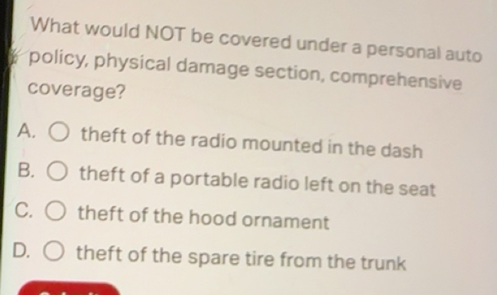 Solved: What would NOT be covered under a personal auto policy ...