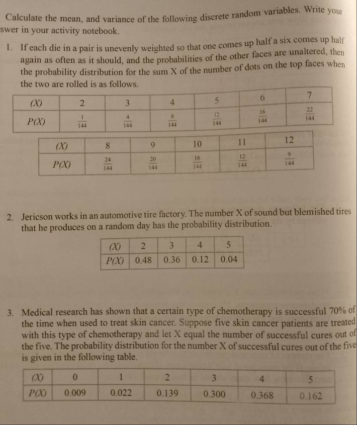 Solved: Calculate the mean, and variance of the following discrete ...