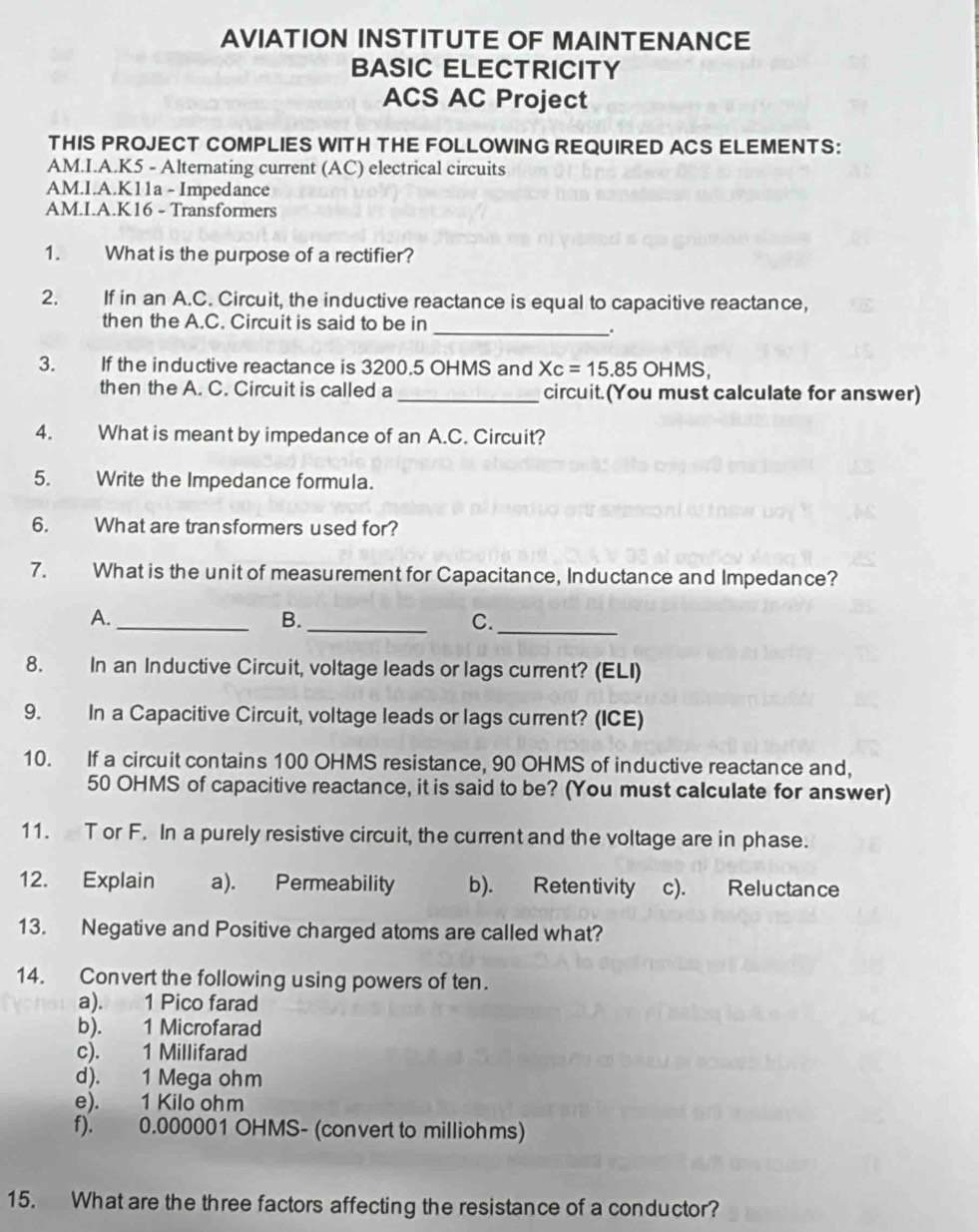 Solved: AVIATION INSTITUTE OF MAINTENANCE BASIC ELECTRICITY ACS AC ...