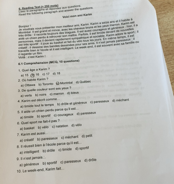 Solved: Reading Text (=250 mots) Lisez le paragraphe et répondez aux ...