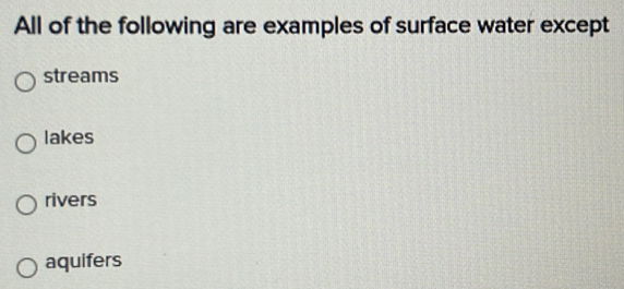 Solved: All of the following are examples of surface water except ...