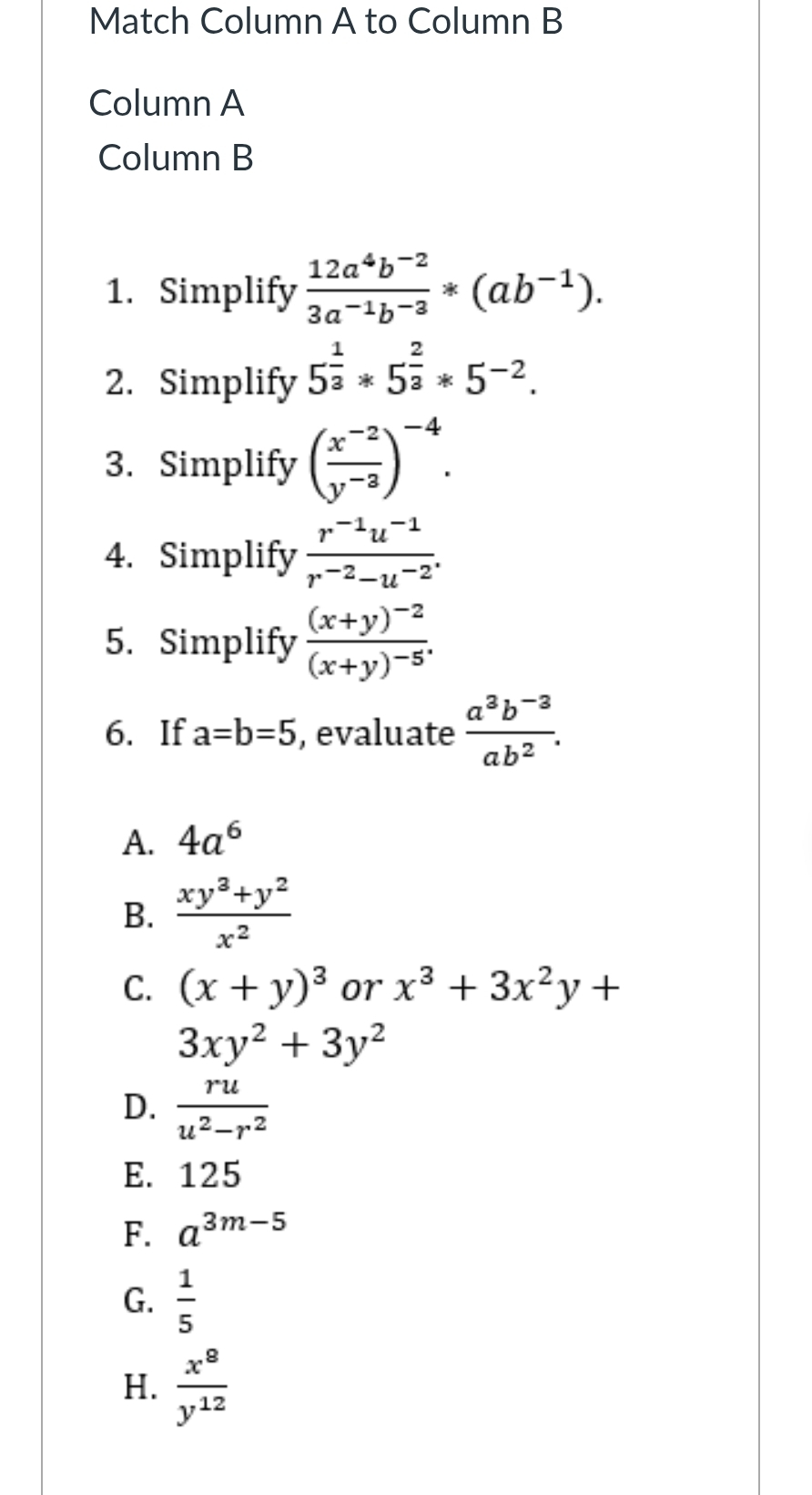 Solved: Match Column A to Column B Column A Column B 1. Simplify (12a ...
