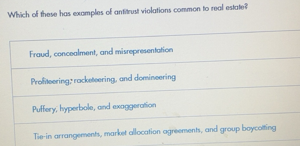 Solved: Which of these has examples of antitrust violations common to ...