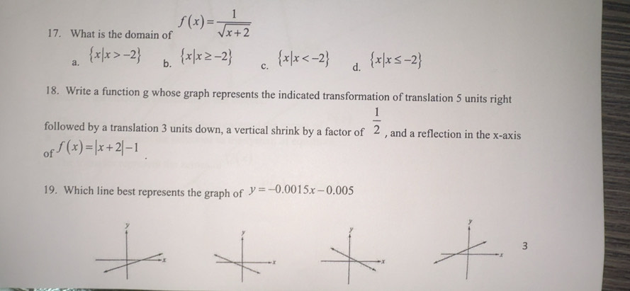 Solved: What is the domain of f(x)= 1/sqrt(x+2) a. x|x>-2 b. x|x≥ -2 c ...
