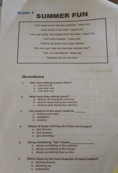 Solved: Grade 3 SUMMER FUN "Let's have some fun this summer," says Leo ...