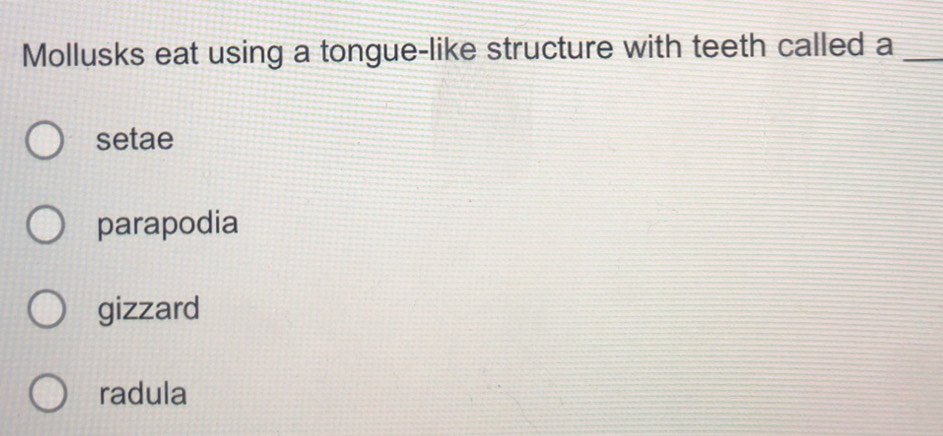 Solved: Mollusks eat using a tongue-like structure with teeth called a ...