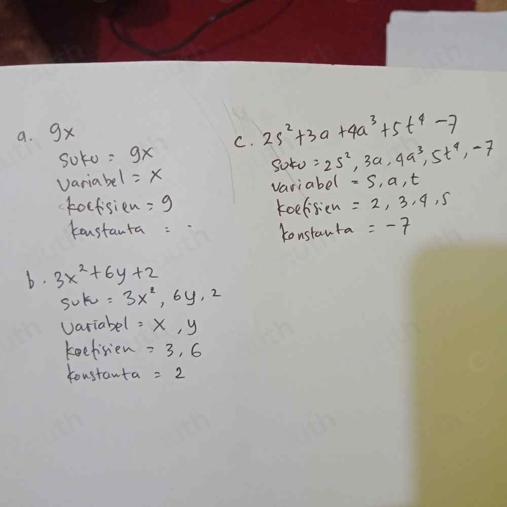 Telah dijawab:11., Tentukanlah suku, variabel, koefisien, dan konstanta ...