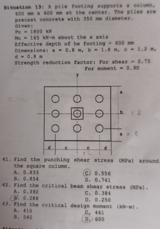 Solved: Situation 13: A pile footing supports a column, 600mm* 600mm at ...