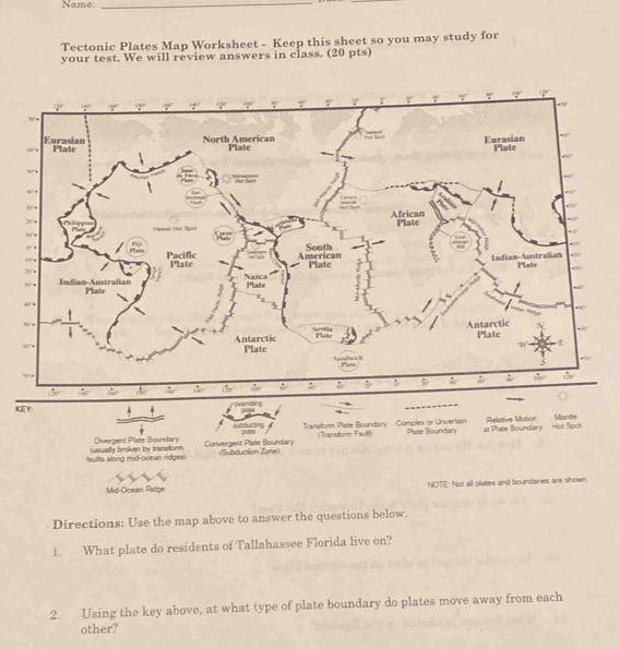 Solved: Name:_ Tectonic Plates Map Worksheet - Keep this sheet so you ...