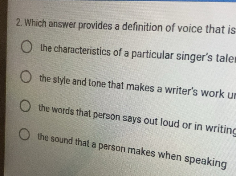 Solved: Which answer provides a definition of voice that is the ...