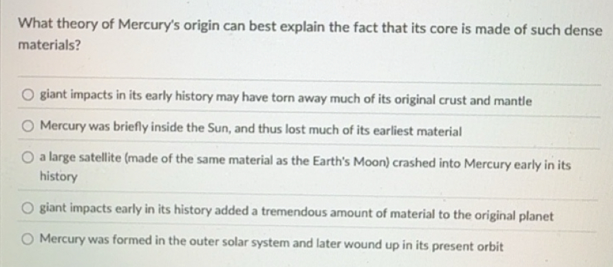 Solved: What theory of Mercury's origin can best explain the fact that ...