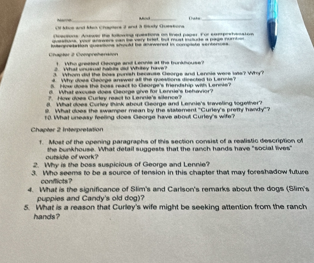Solved: Name_ Med_ Date_ Of Mice and Man Chapters 2 and 3 Study ...