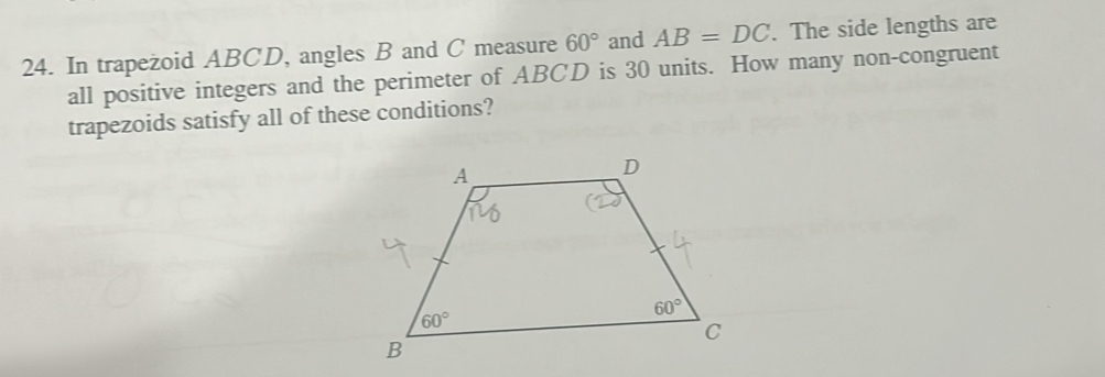 Solved: In trapezoid ABCD, angles B and C measure 60° and AB=DC. The side lengths are all ...