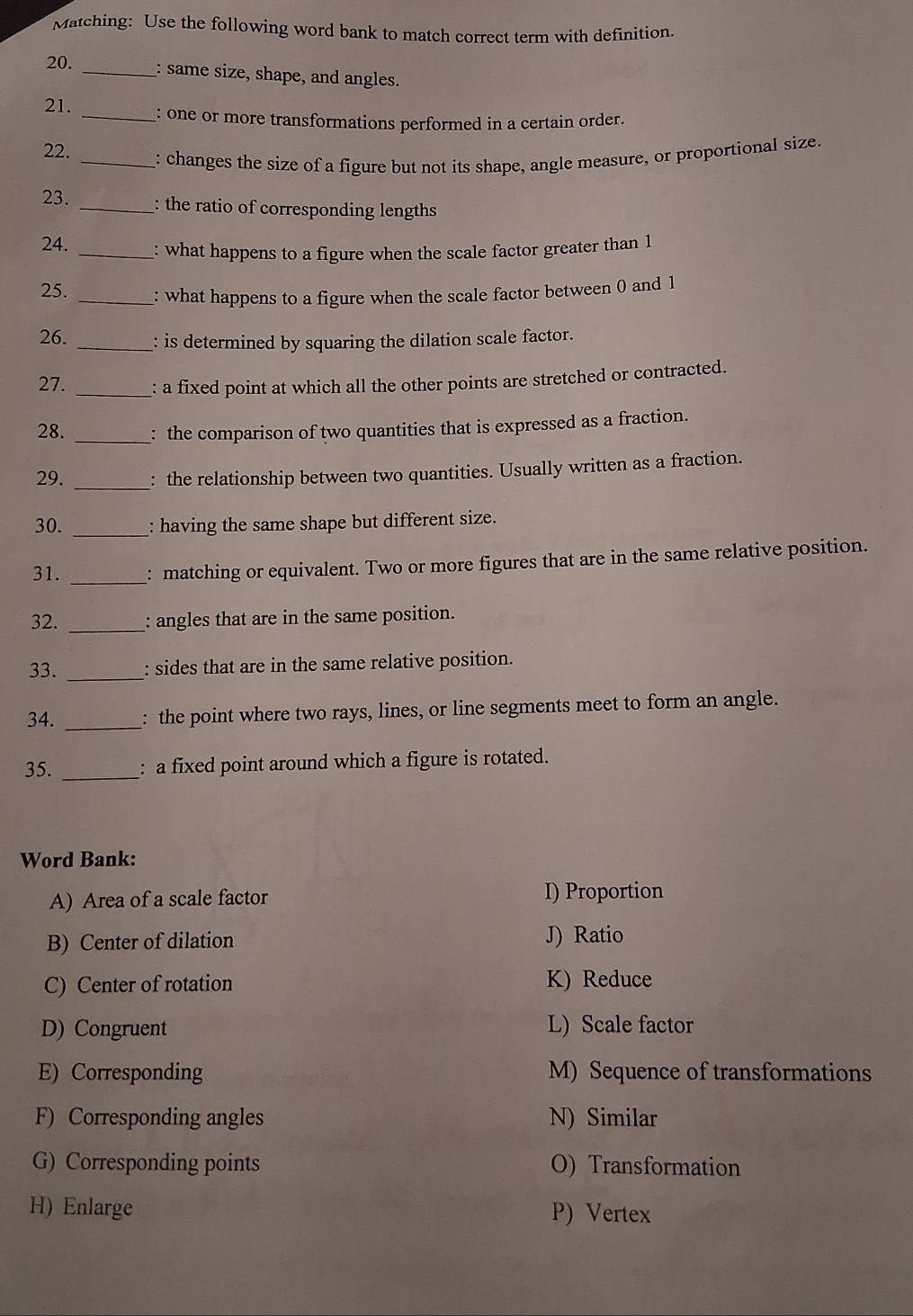 Solved: Matching: Use the following word bank to match correct term ...