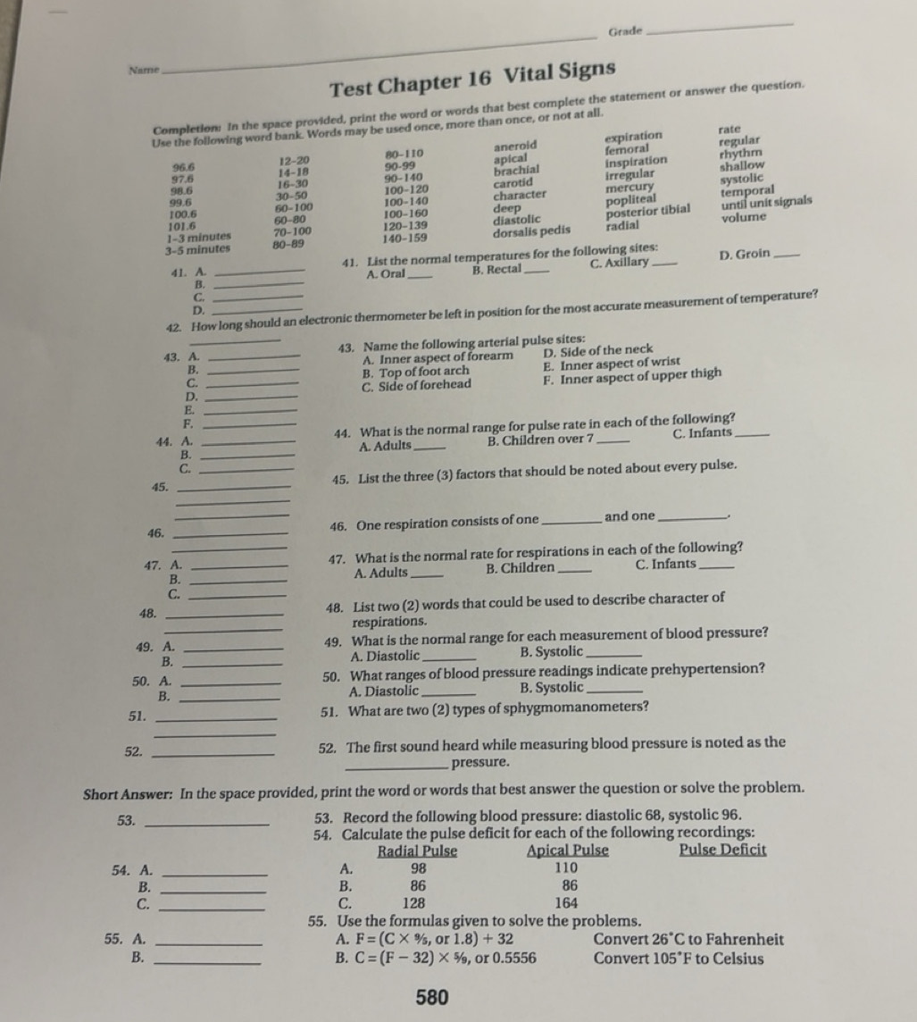Solved: Grade _ Name Test Chapter 16 Vital Signs Completion: In the ...
