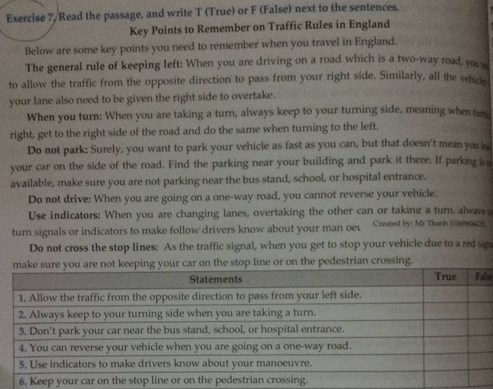 Giải quyết:Exercise 7, Read the passage, and write T (True) or F (False ...