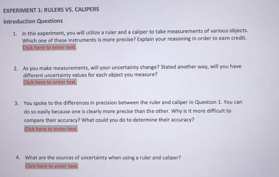 Solved: EXPERIMENT 1: RULERS VS. CALIPERS Introduction Questions 1. In ...