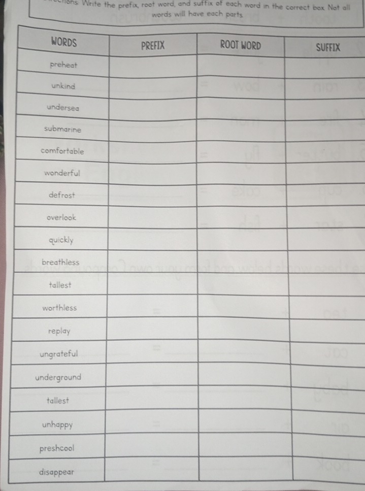 Solved: tlons: Write the prefix, root word, and suffix of each word in ...