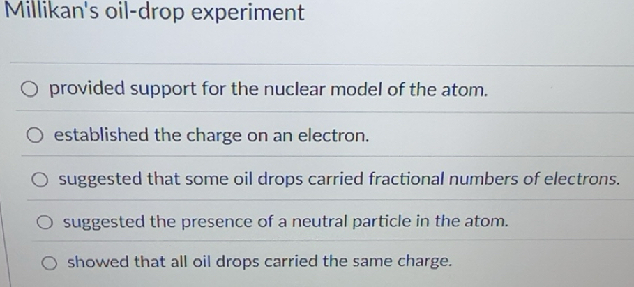 Solved: Millikan's oil-drop experiment provided support for the nuclear ...