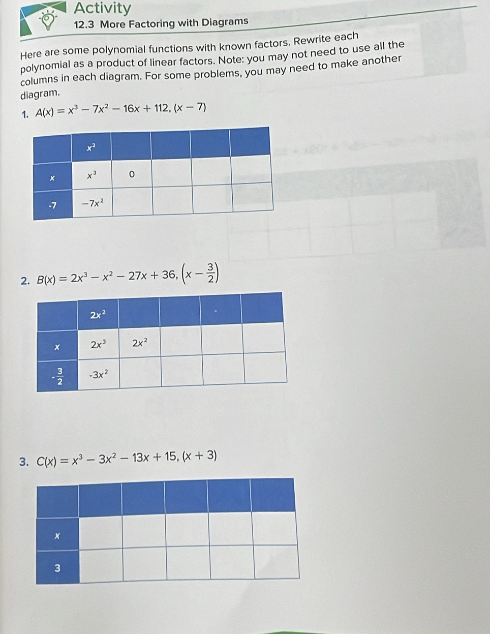 Solved: Activity 12.3 More Factoring with Diagrams Here are some polynomial functions with known ...