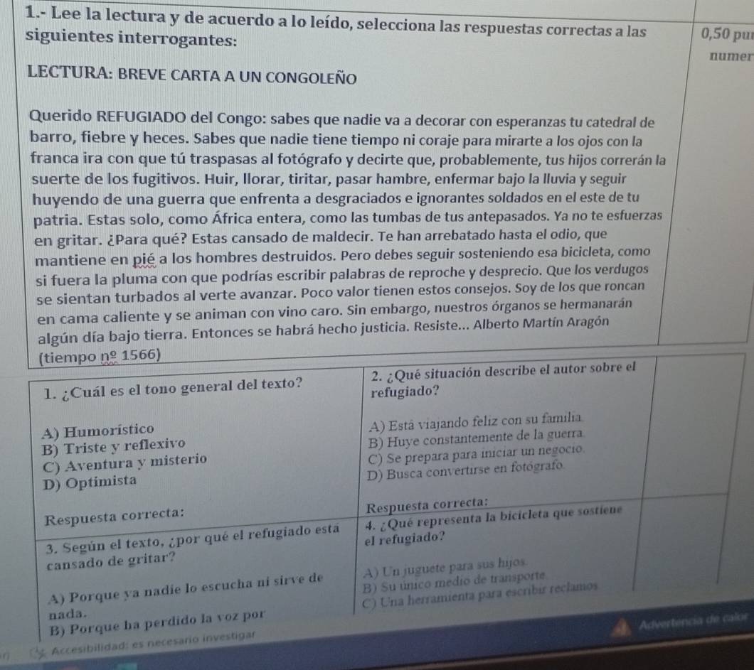 Resuelto:1.- Lee la lectura y de acuerdo a lo leído, selecciona las ...