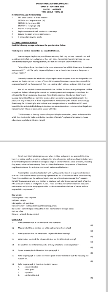 Solved: GRADE 8 - NOVEMBER 2013 PAPER 1 - LANGLAGE TiME: 1 HOUR TOTAL ...