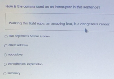 Solved: How is the comma used as an interrupter in this sentence ...
