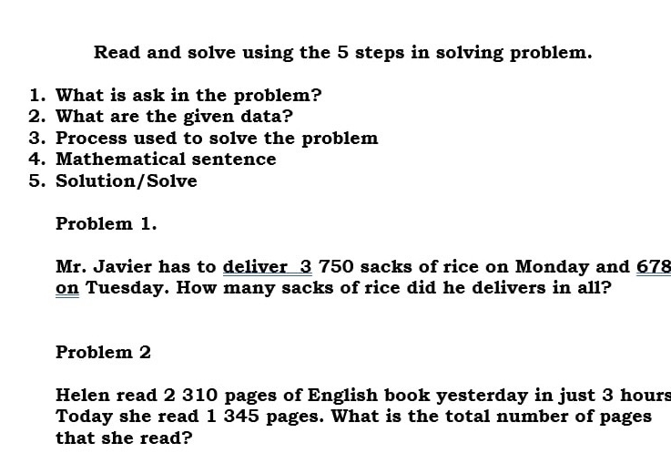 Solved: Read and solve using the 5 steps in solving problem. 1. What is ask in the problem? 2. W ...