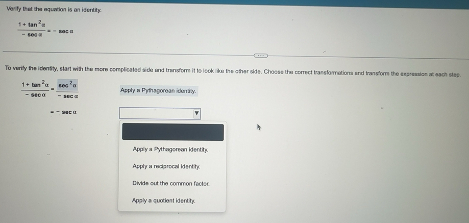 Solved: Verify that the equation is an identity. (1+tan^2alpha )/-sec ...