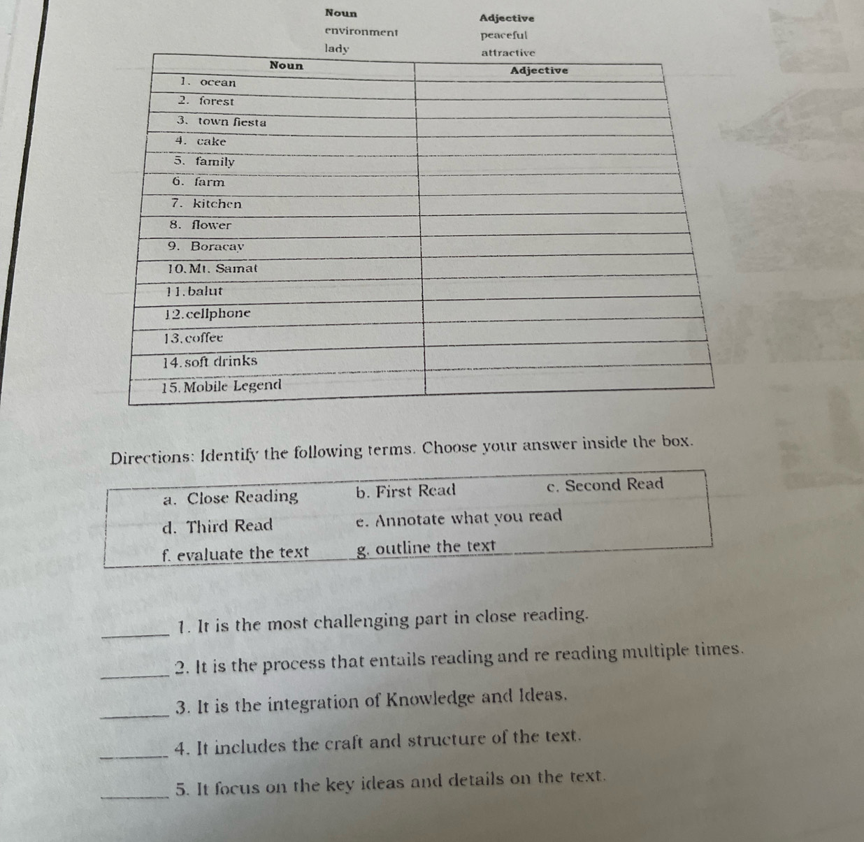 Solved: Noun Adjective environment peaceful Directions: Identify the ...