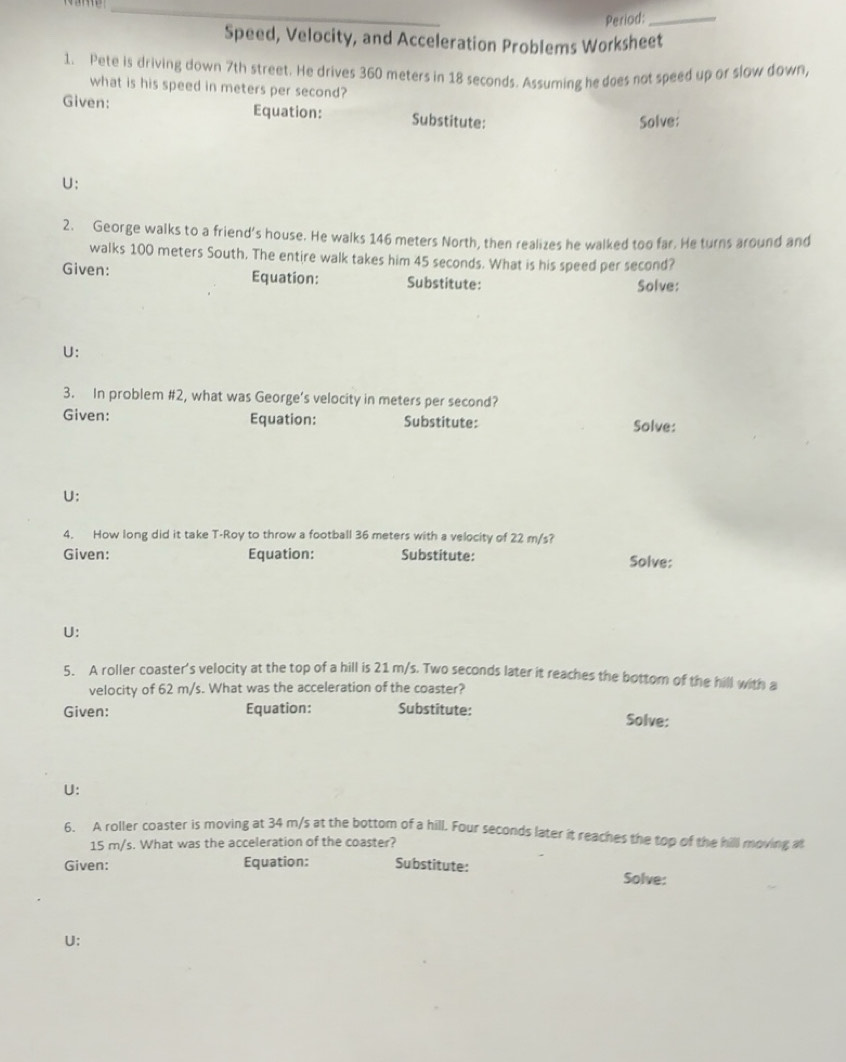 Solved: Period:_ Speed, Velocity, and Acceleration Problems Worksheet 1 ...