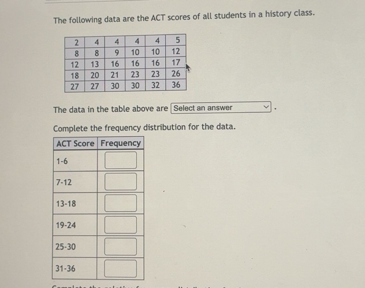 Solved: The following data are the ACT scores of all students in a ...