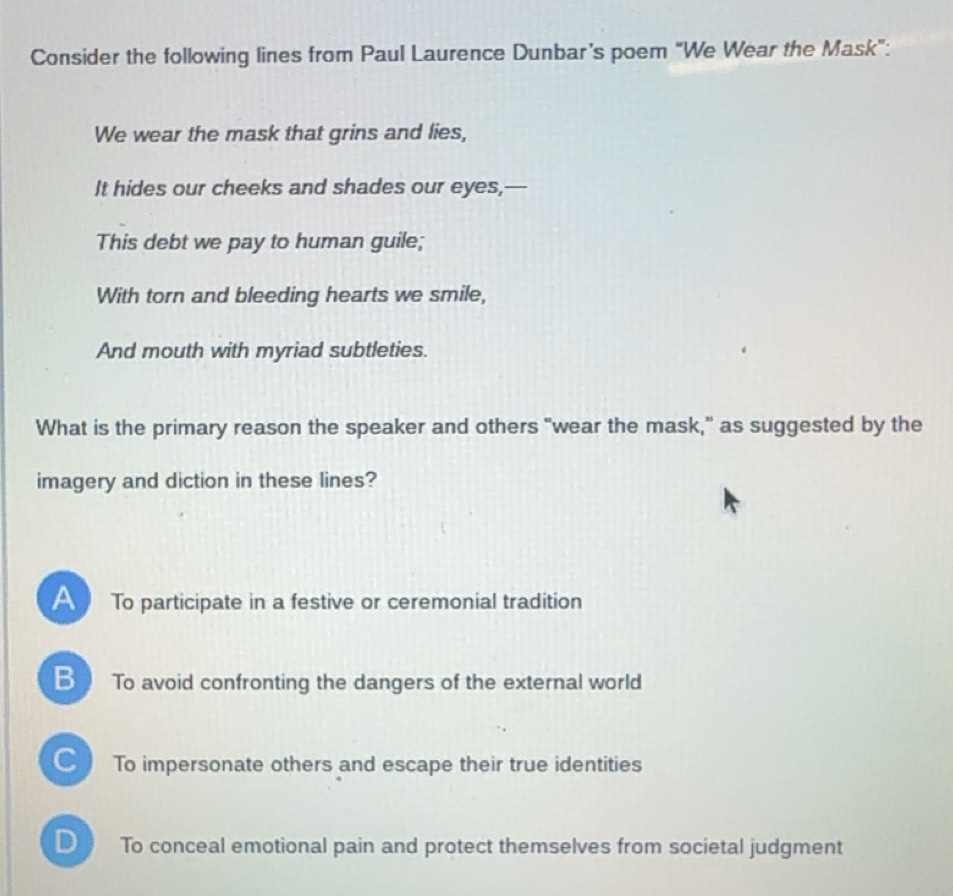 Solved: Consider the following lines from Paul Laurence Dunbar’s poem ...