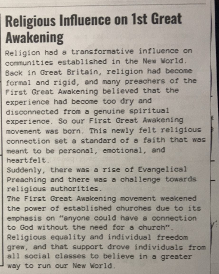 Solved: Religious Influence on 1st Great Awakening Religion had a ...