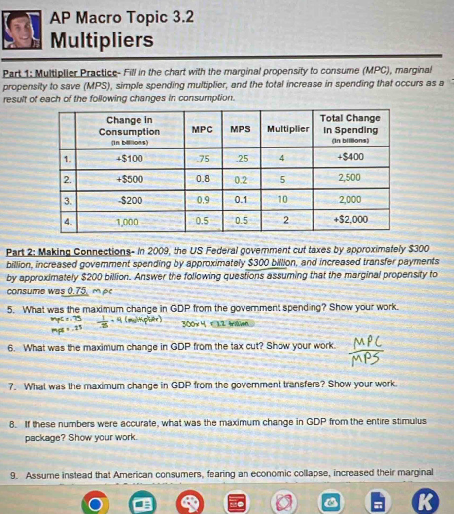 Solved: AP Macro Topic 3.2 Multipliers Part 1: Multiplier Practice ...