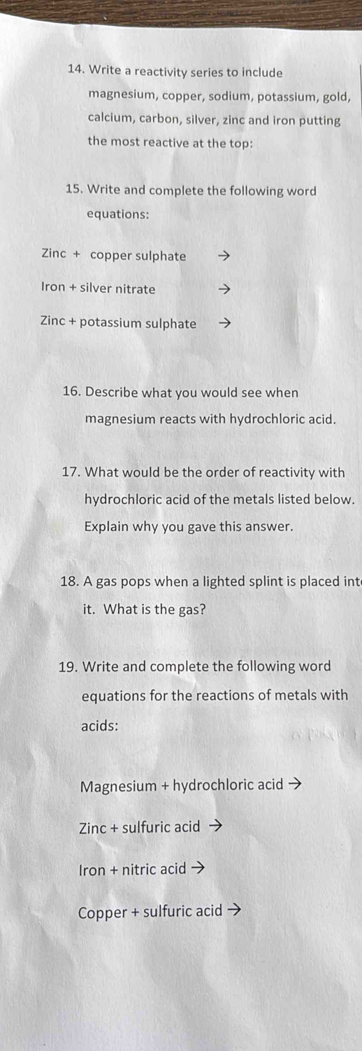 Solved: Write a reactivity series to include magnesium, copper, sodium ...