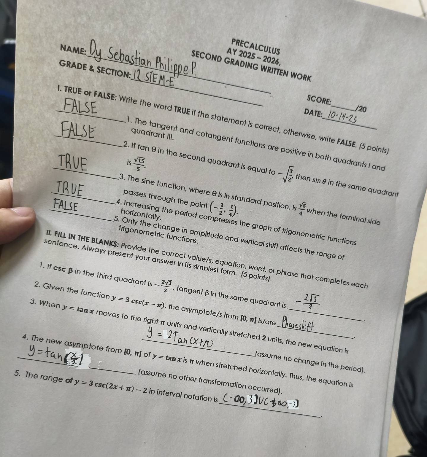 Solved: PRECALCULUS NAME: AY 2025 - 2026, _ _SECOND GRADING WRITTEN ...
