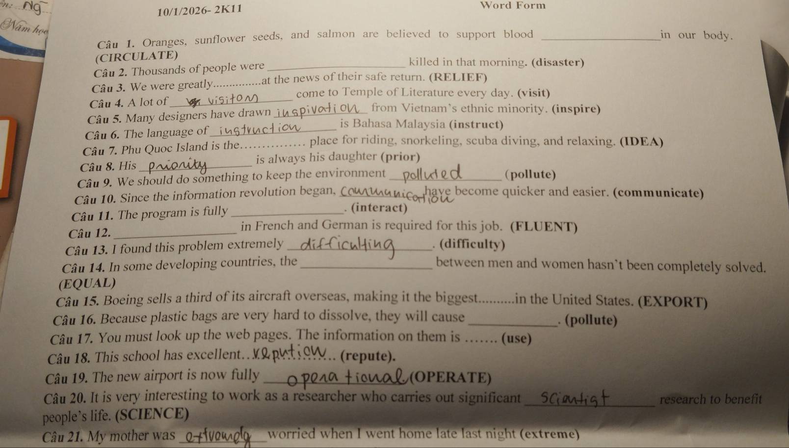 Giải quyết:10/1/2026- 2K11 Word Form Câu 1. Oranges, sunflower seeds ...
