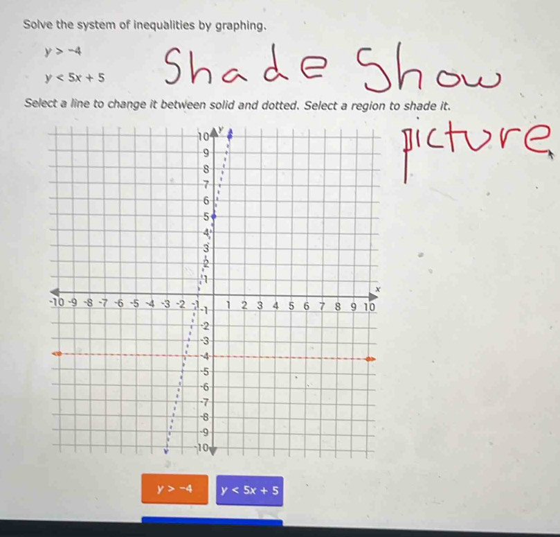 Solved: Solve the system of inequalities by graphing. y>-4 y
