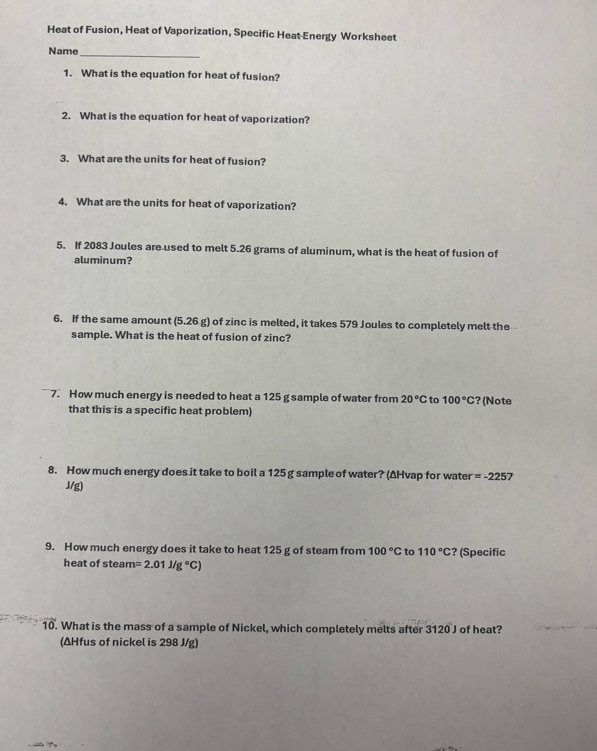 Solved: Heat of Fusion, Heat of Vaporization, Specific Heat Energy ...