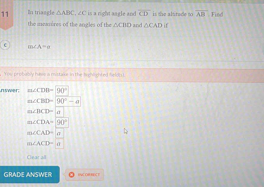 Solved: In triangle ABC, ∠ C is a right angle and overline CD is the altitude to overline AB. Fi ...