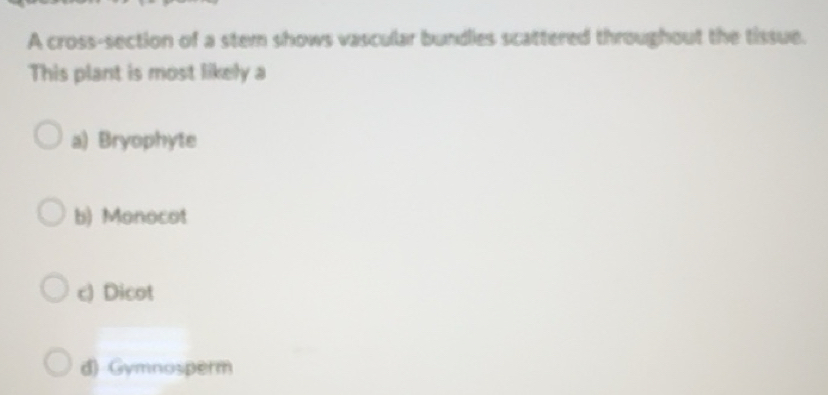 Solved: A cross-section of a stem shows vascular bundies scattered ...