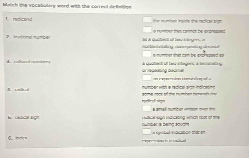 Solved: Match the vocabulary word with the correct definition 1 ...
