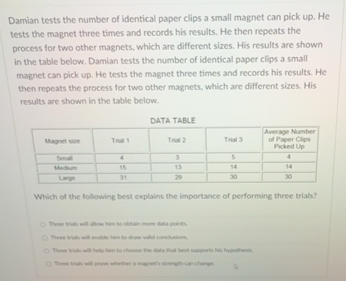 Solved: Damian tests the number of identical paper clips a small magnet ...