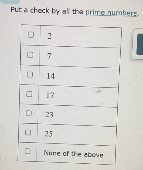 Solved: Put a check by all the prime numbers. 2 7 14 17 23 25 None of ...