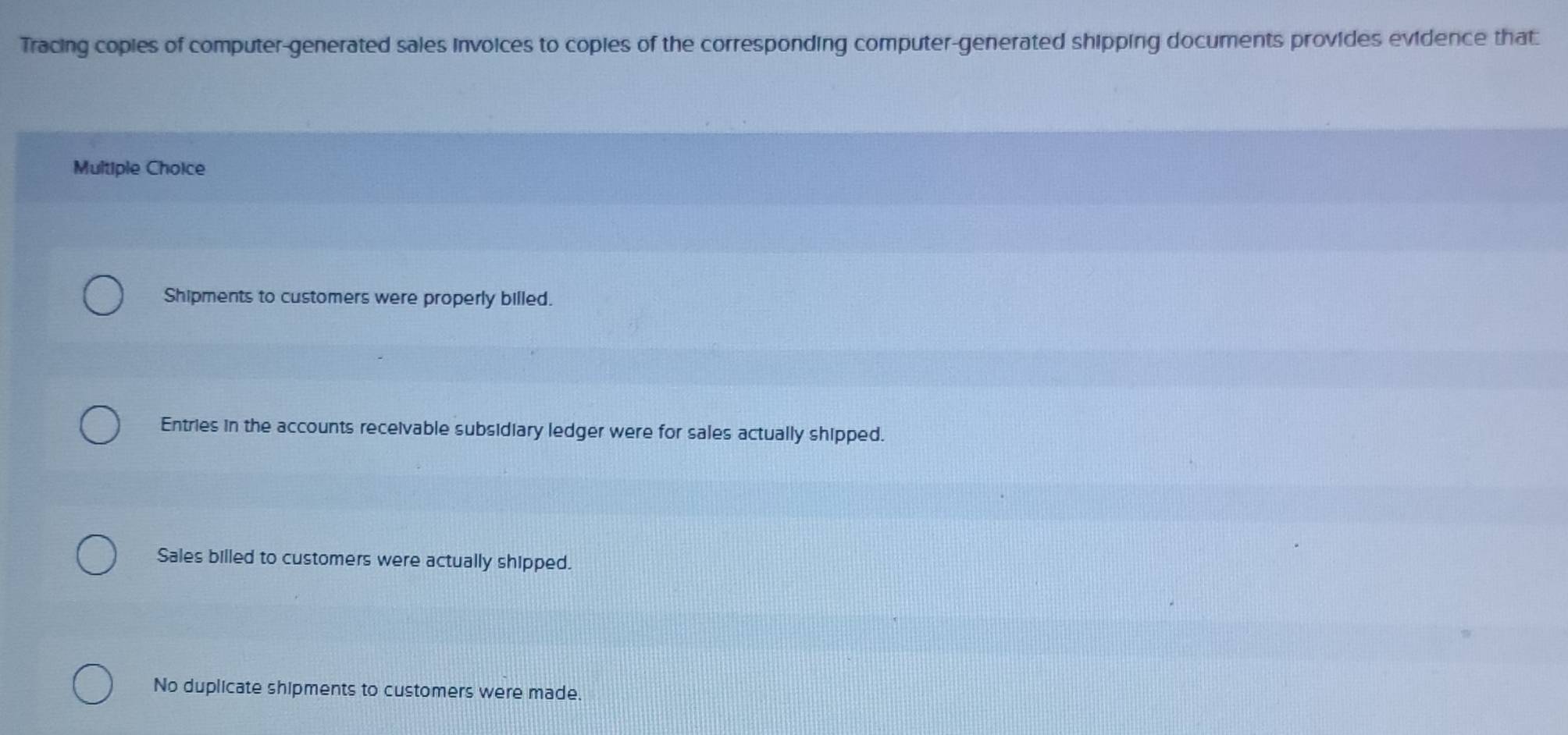 Solved: Tracing copies of computer-generated sales invoices to copies ...