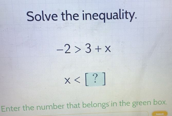 Solved: Solve the inequality. -2>3+x x [ ? ] Enter the number that ...