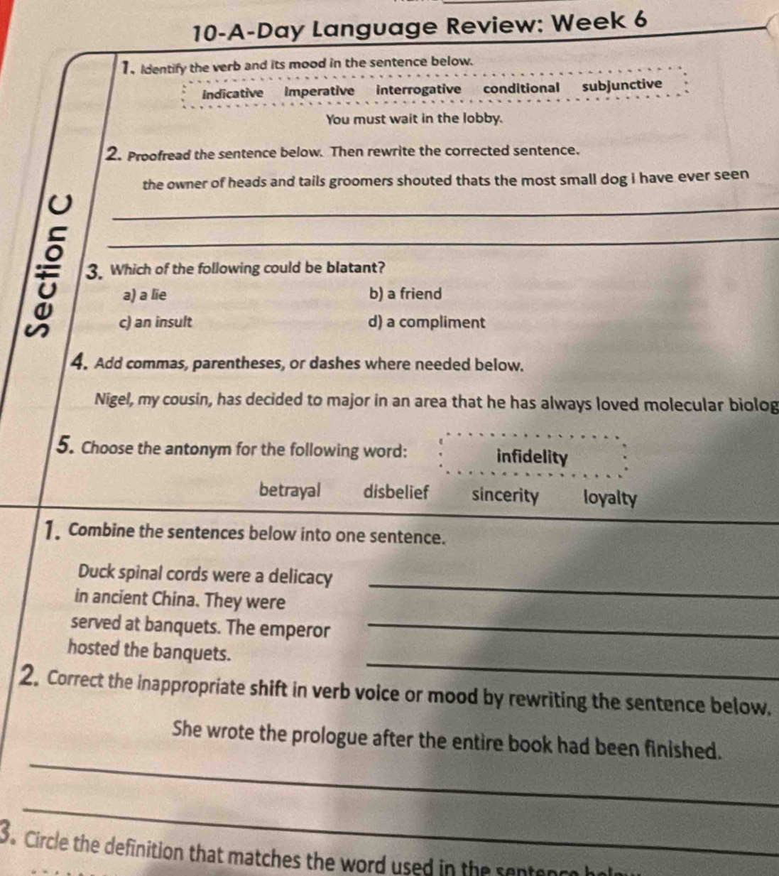 Solved: 10-A-Day Language Review: Week 6 1 Identify the verb and its ...